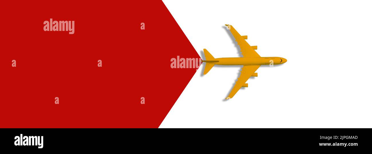 Flat lay of miniature toy airplane on red and yellow background Stock ...