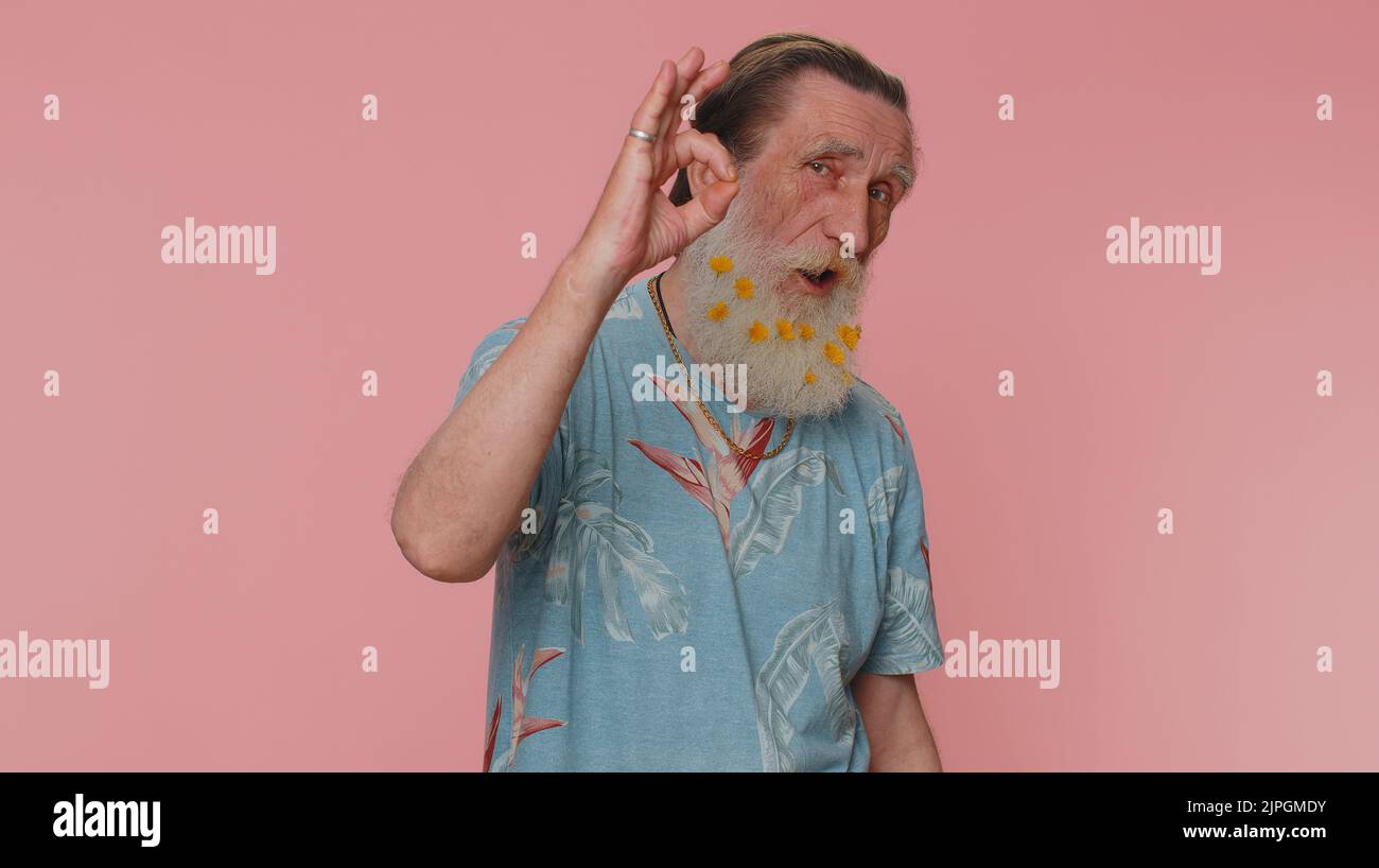 Senior man with flowers in gray-haired beard looking approvingly at ...
