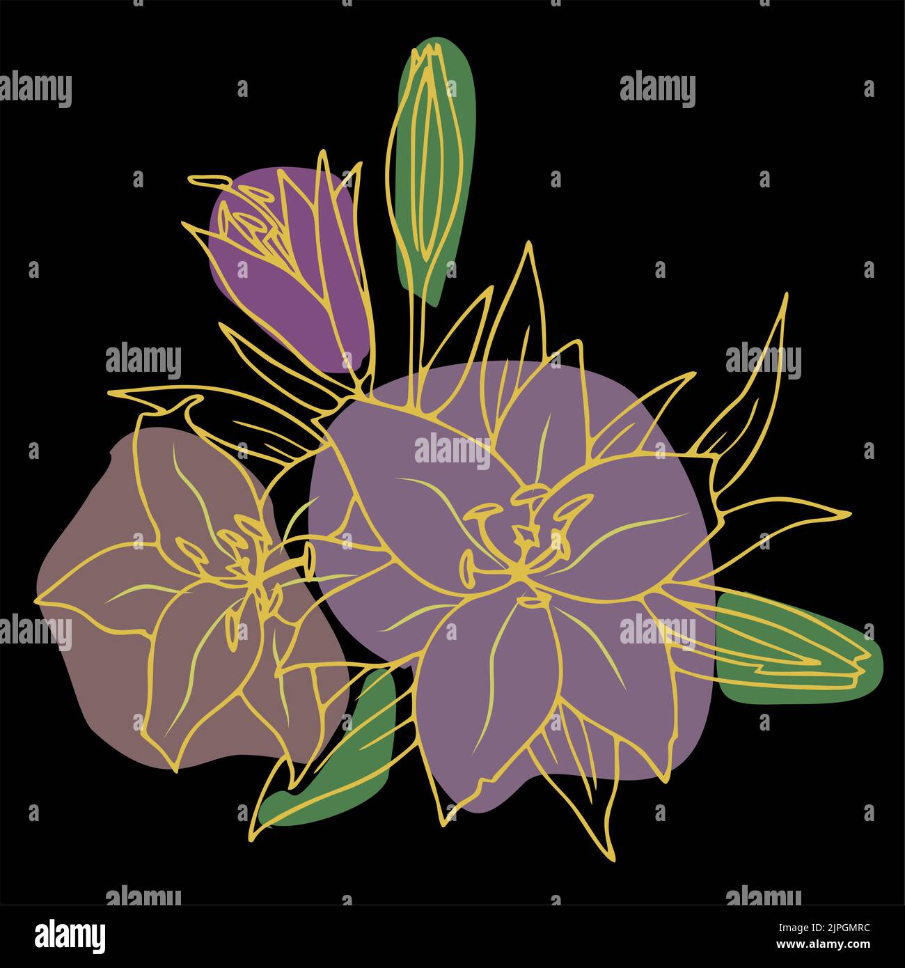 golden contour drawing of a flower on a black background and colored ...