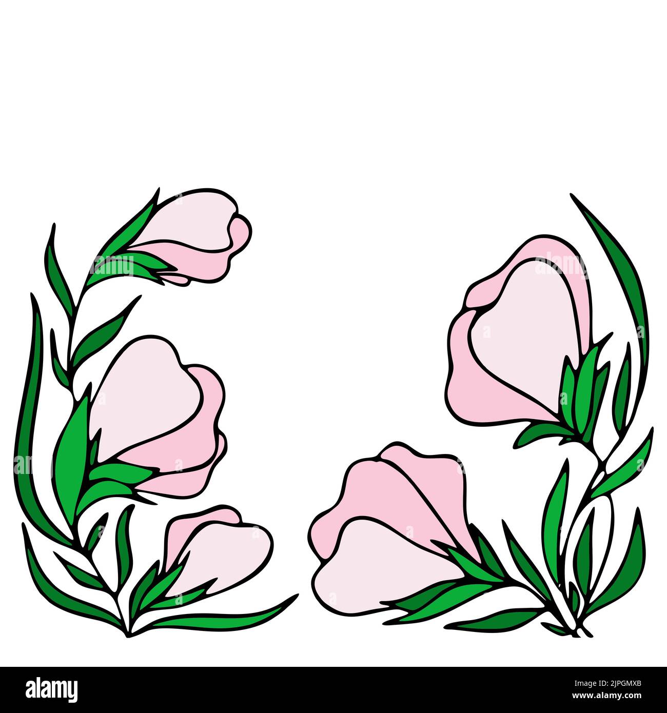 floral frame of large pink flower buds on a white background, border ...