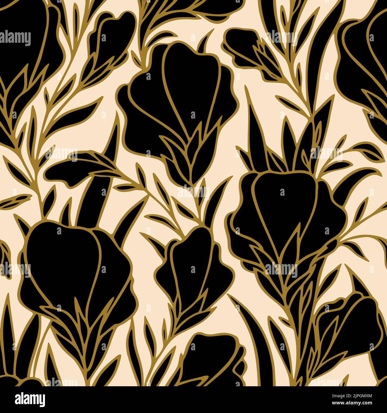 seamless pattern of large black flower buds with a golden outline on a ...