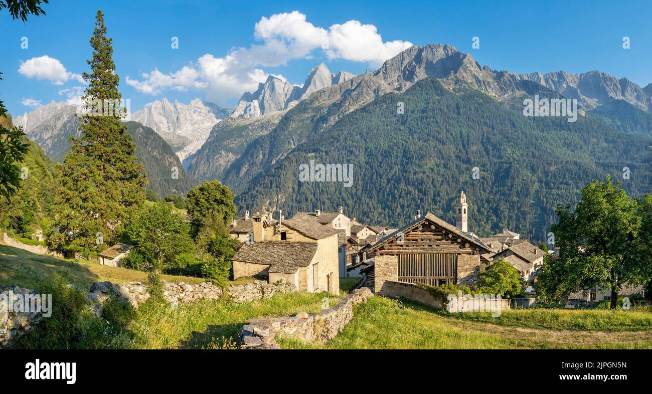 The Soglio village and Piz Badile, Pizzo Cengalo, and Sciora peaks in ...