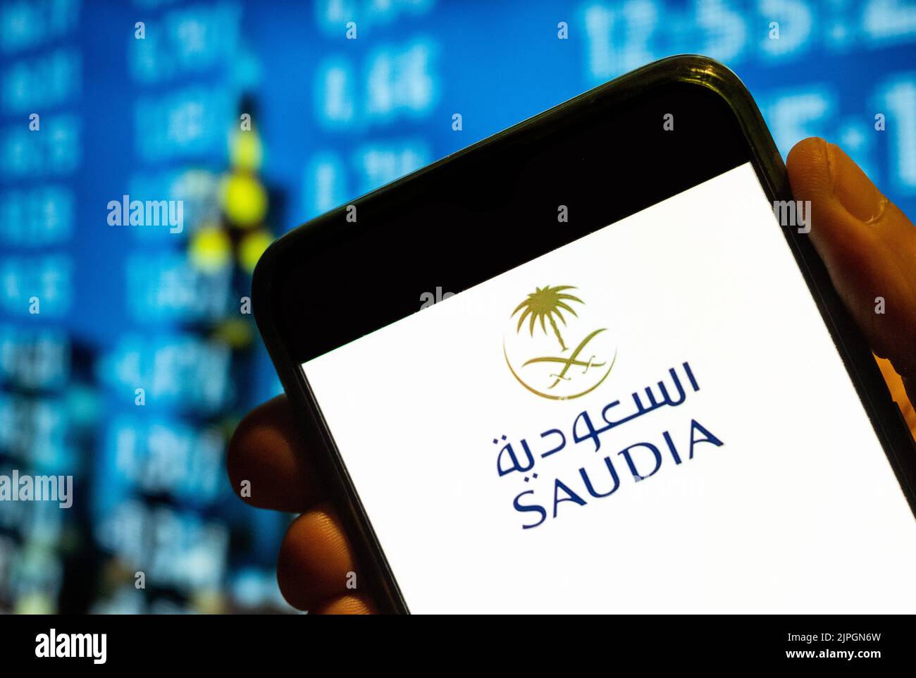 In this photo illustration, the Saudi Arabian Airlines (Saudia) logo is ...