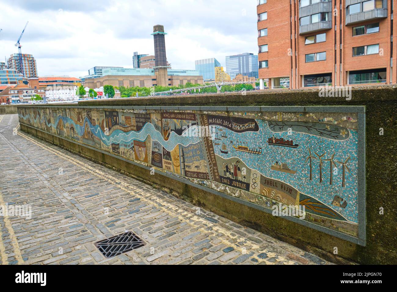 Overview of the long mosaic, mounted on a low wall. At the Queenhithe ...