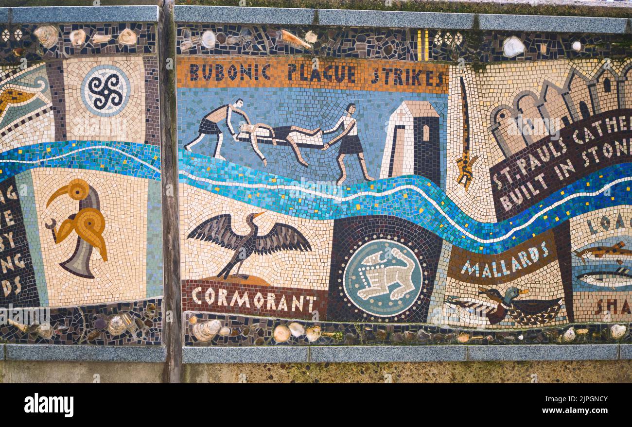 The bubonic plague, a cormorant and mallards. At the Queenhithe Mosaic ...