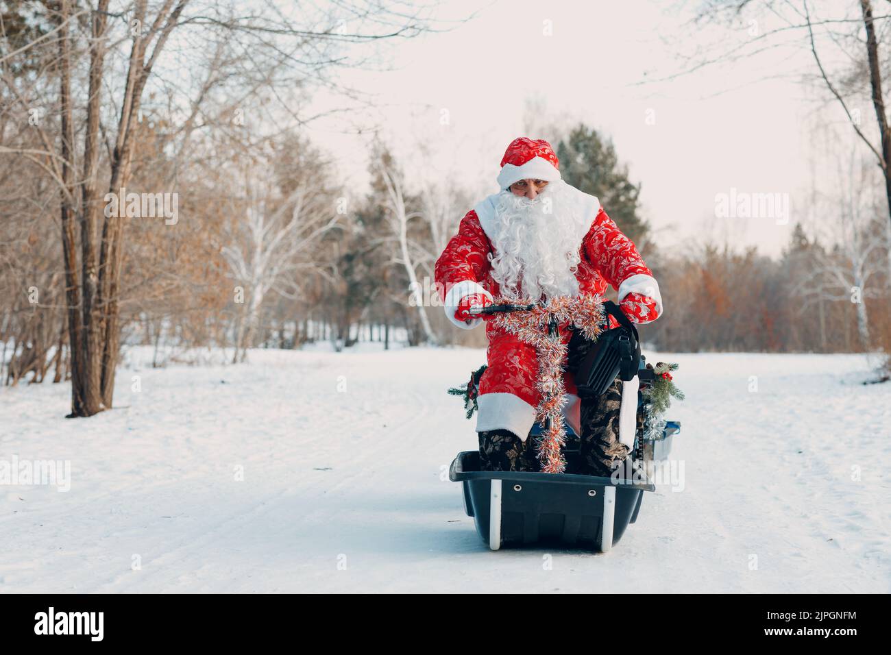 Santa claus riding snowmobile in the winter forest Stock Photo - Alamy