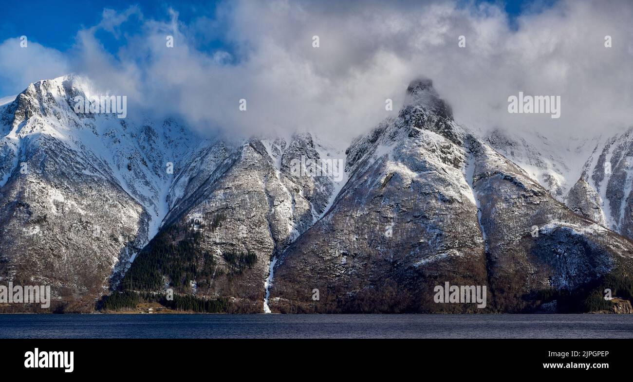 The magnificent Hjørundfjord in between the Sunnmøre Alps, Møre og ...