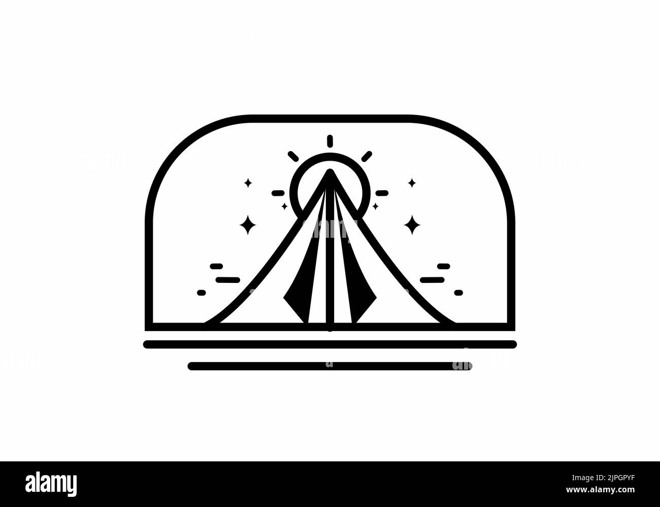 Black and white monoline art of triangle tent and big sun design Stock ...