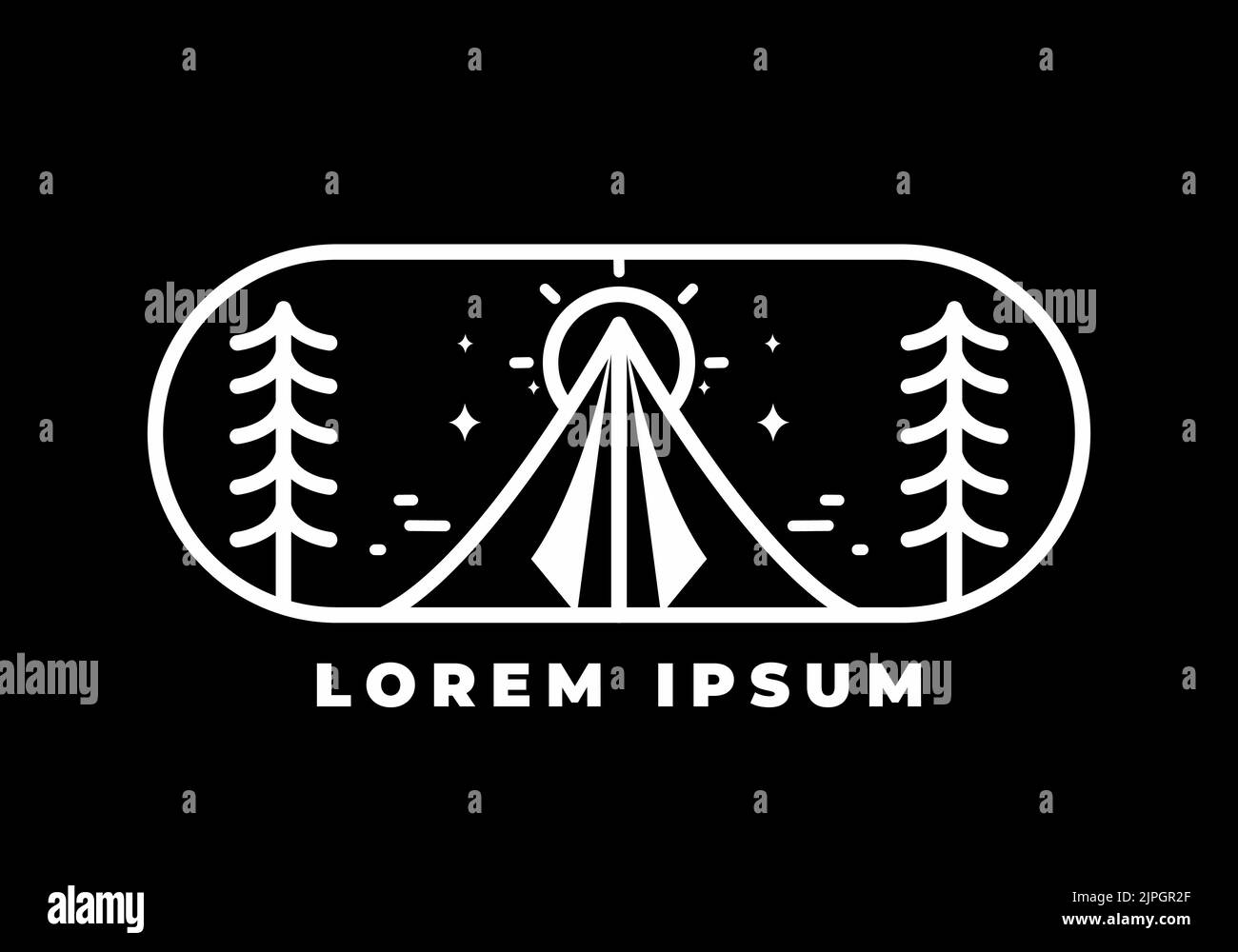 Black and white monoline art of triangle tent and big sun design Stock ...