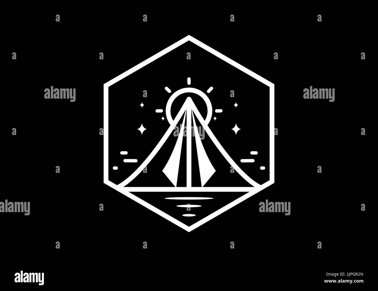 Black and white monoline art of triangle tent and big sun design Stock ...