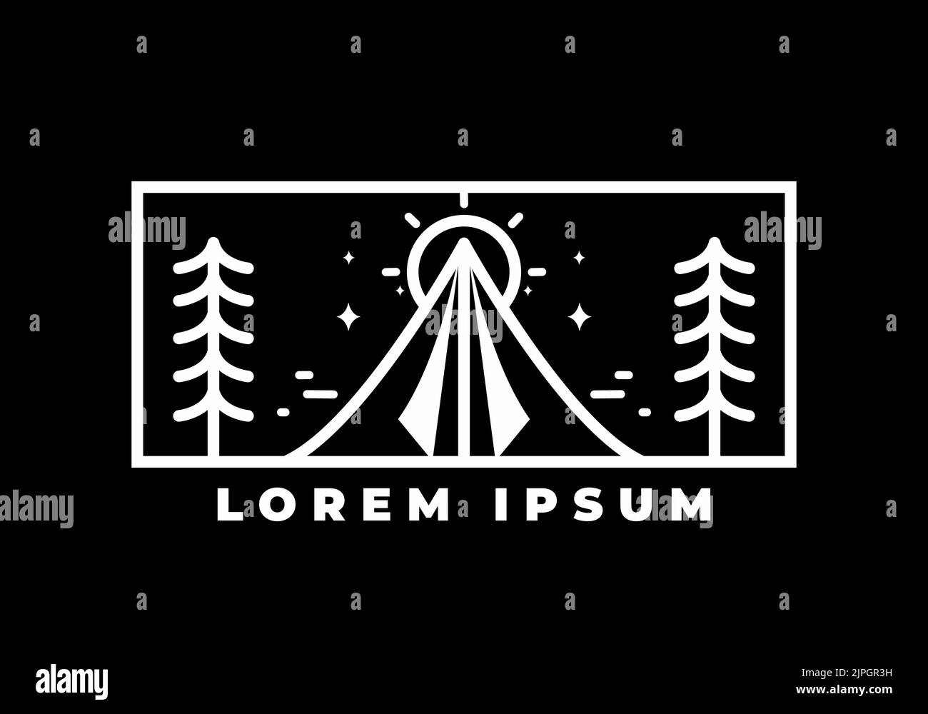 Black and white monoline art of triangle tent and big sun design Stock ...