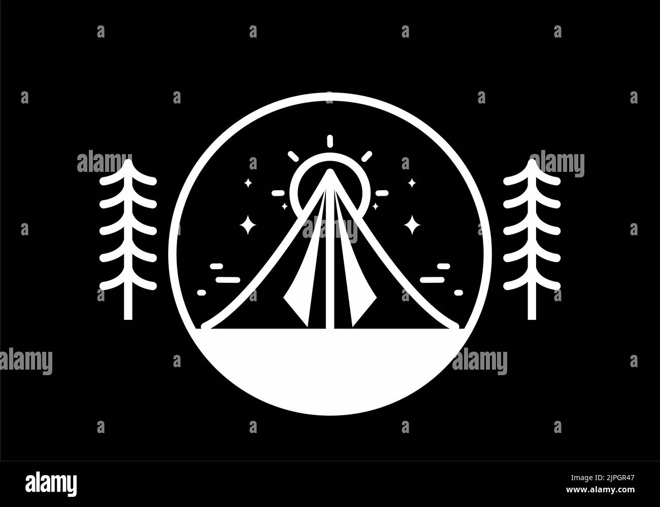 Black and white monoline art of triangle tent and big sun design Stock ...