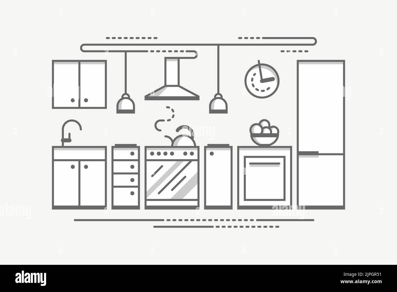 Monochrome Kitchen Interior Design. Flat Style Vector Illustration ...