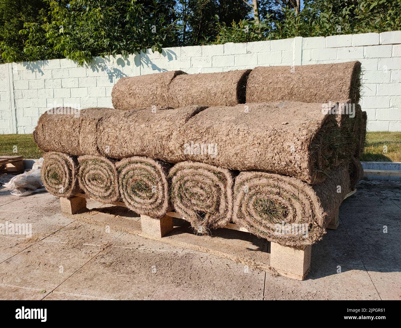 Stack of turf grass rolls for lawn meadow Stock Photo - Alamy