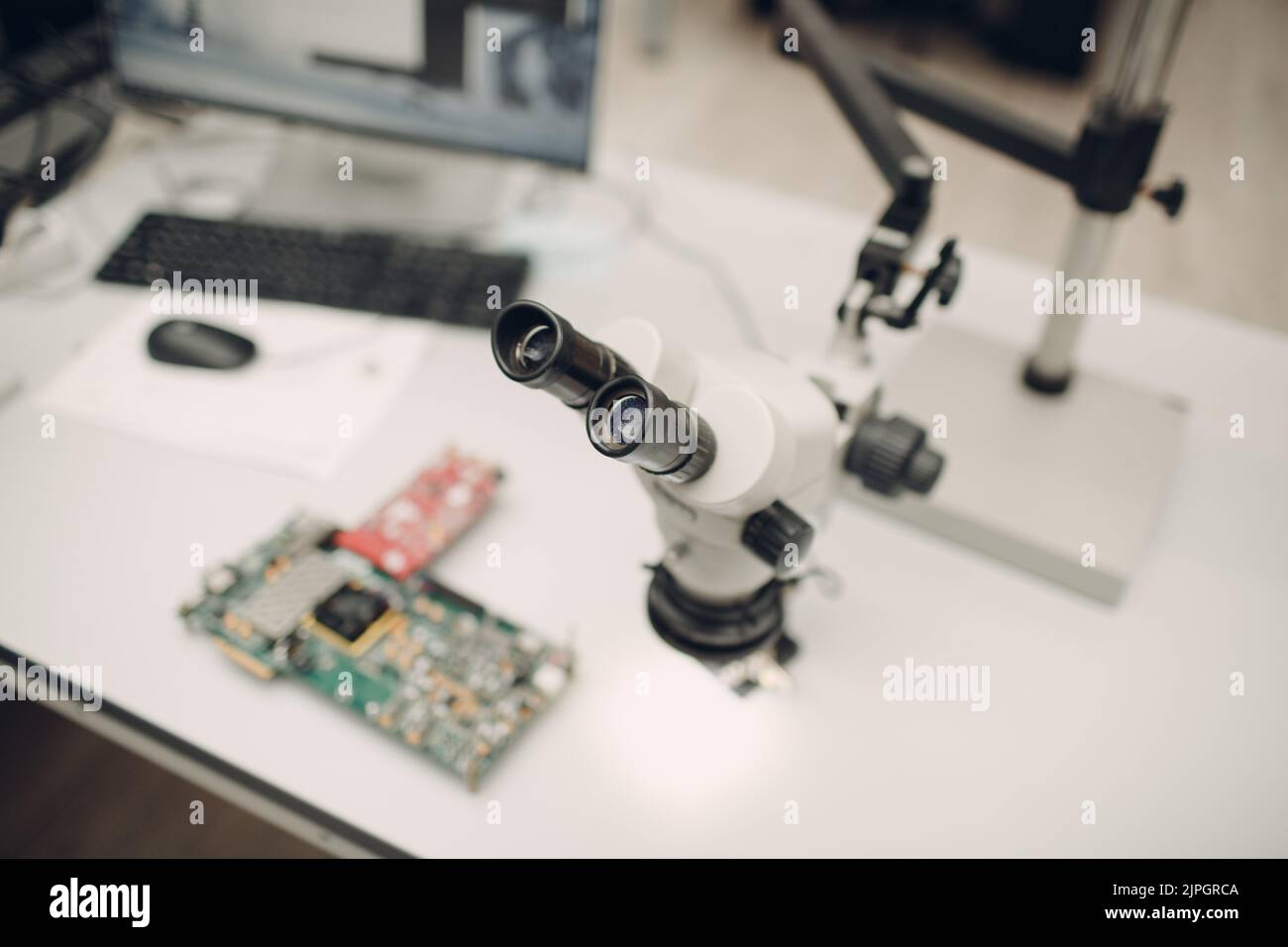 Microscope in Scientific research tech Laboratory on table Stock Photo ...