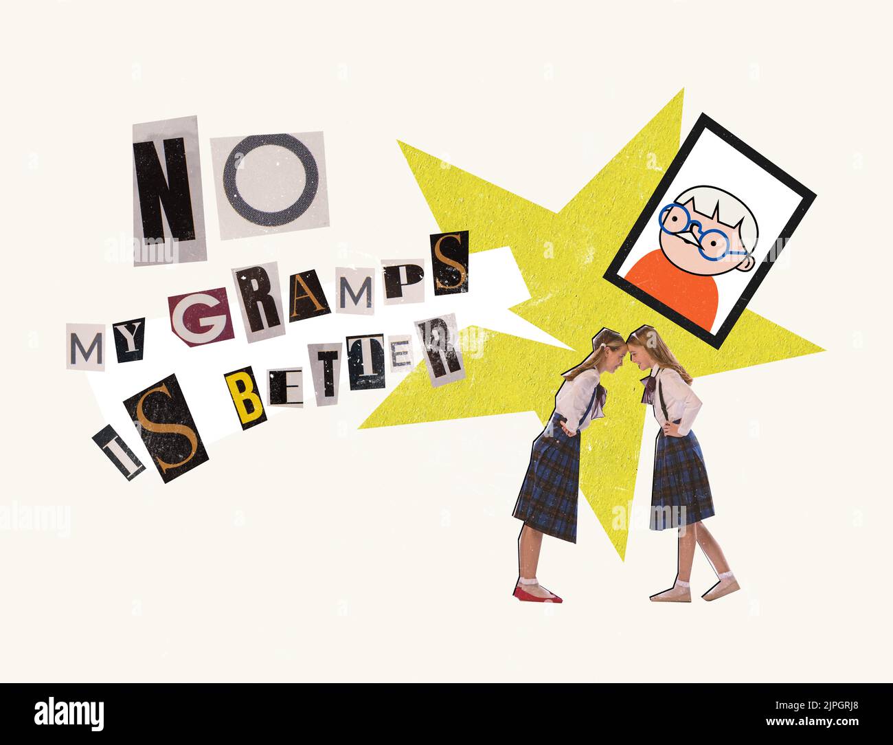 Contemporary art collage. Two school girls arguing about feelings to ...