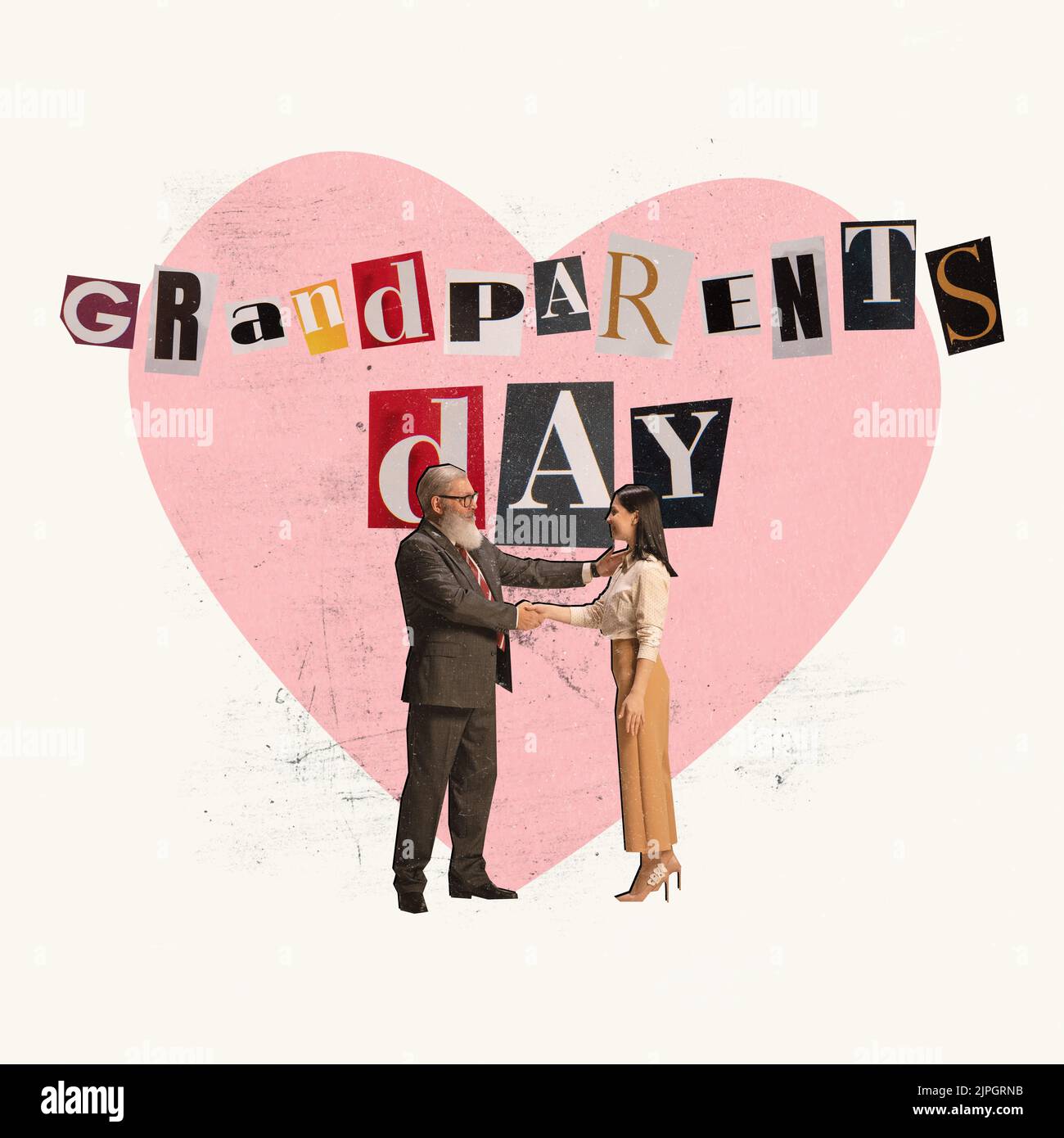 Contemporary art collage. Senior grandpa shaking hands with his ...