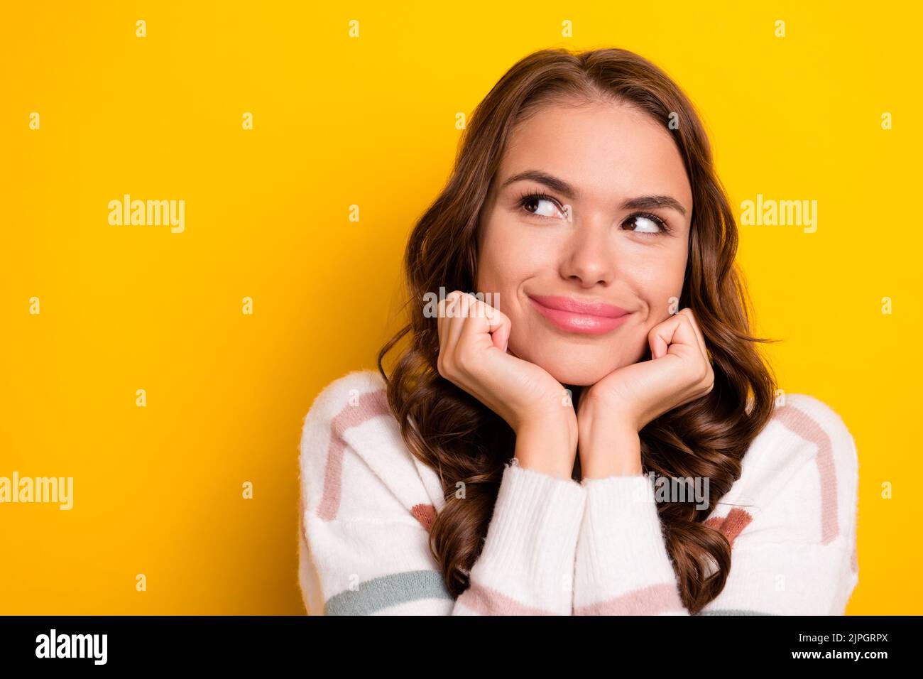 Closeup photo of young attractive gorgeous pretty lovely girlish lady ...