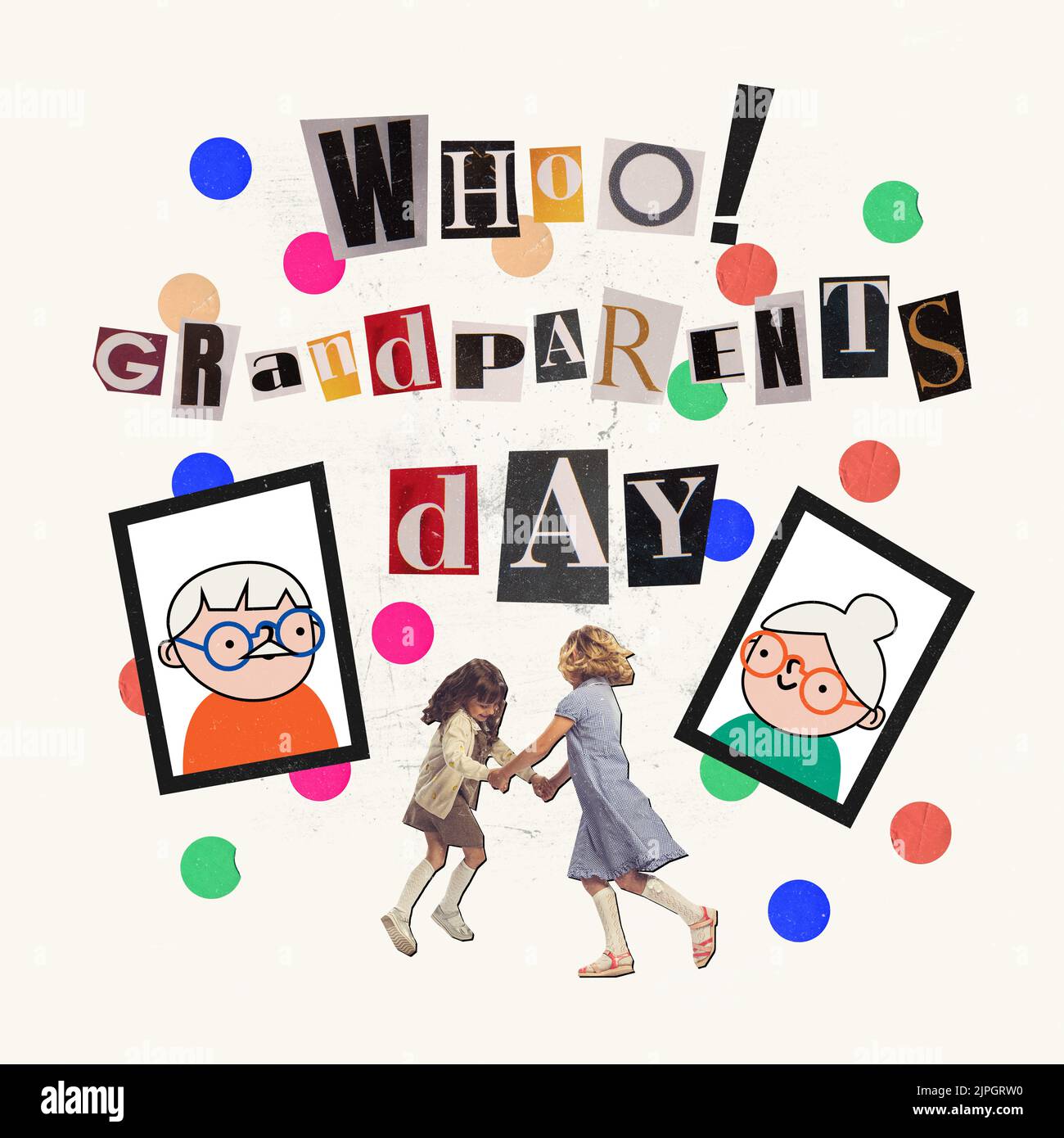 Contemporary art collage. Cheerful little girls playing, celebrating ...