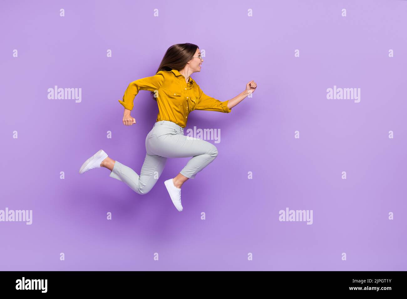 Full body profile photo of active overjoyed lady rush jump look empty ...