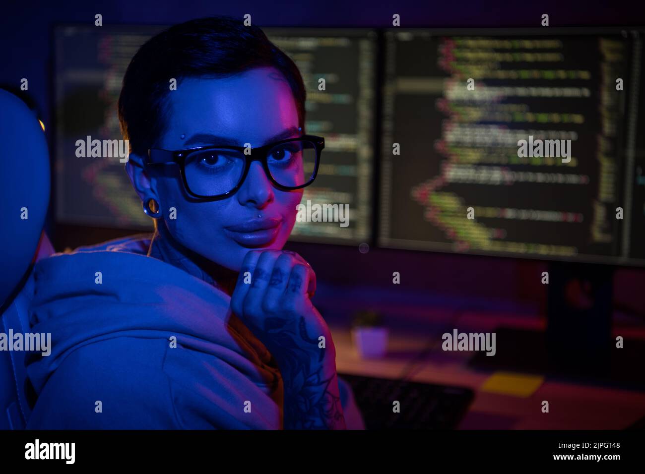 Profile photo of smart hipster hacker girl sitting chair hand touch ...