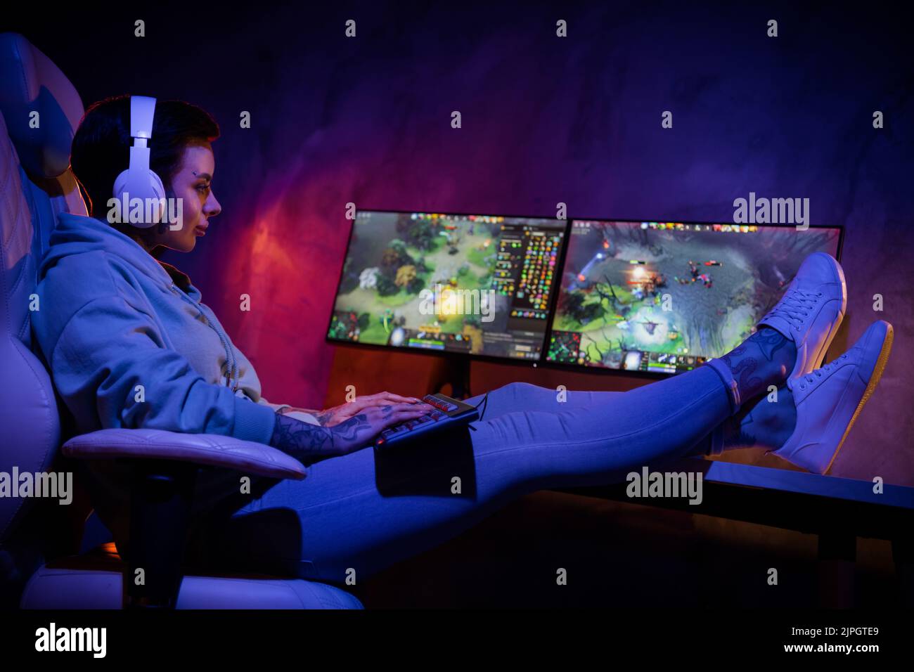 Full body profile photo of pretty gamer girl sitting chair hold ...