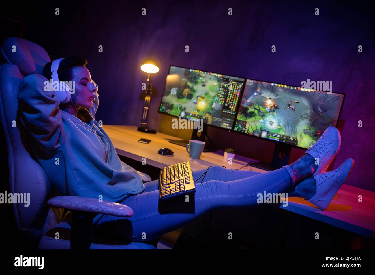 Full size profile photo of peaceful professional gamer girl sit chair ...