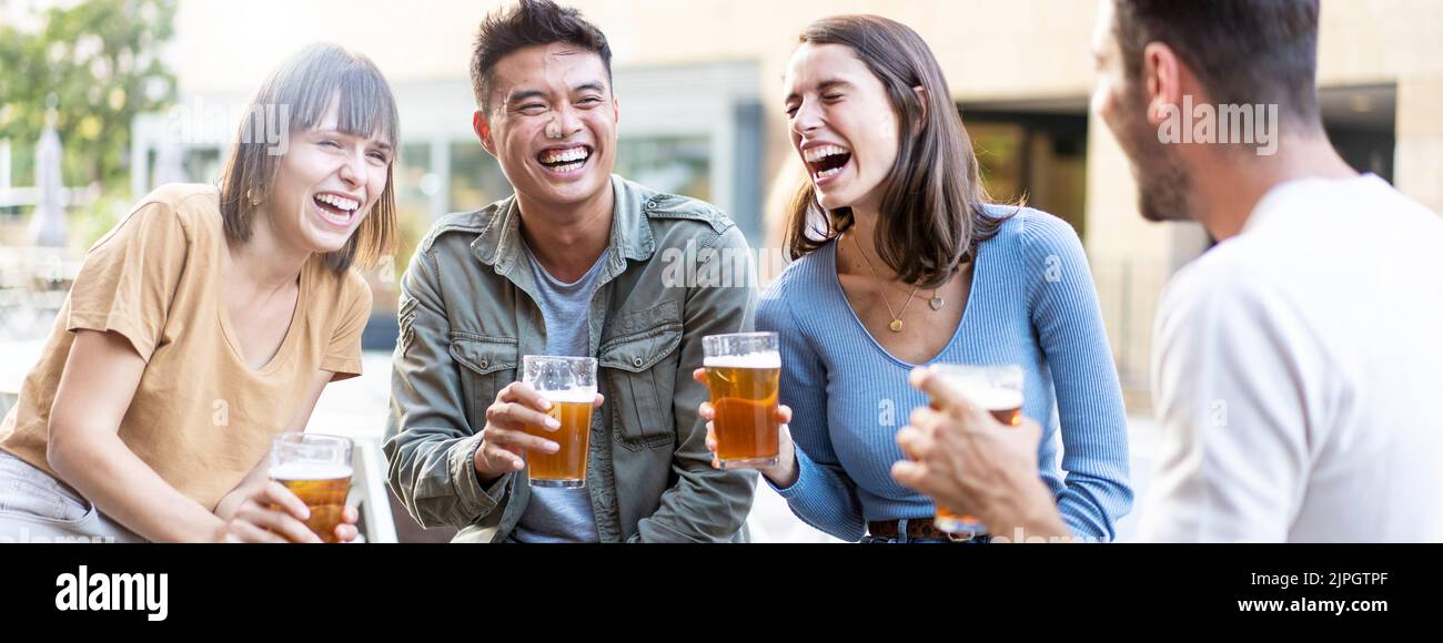 Horizontal banner or header with happy multiracial friends group ...