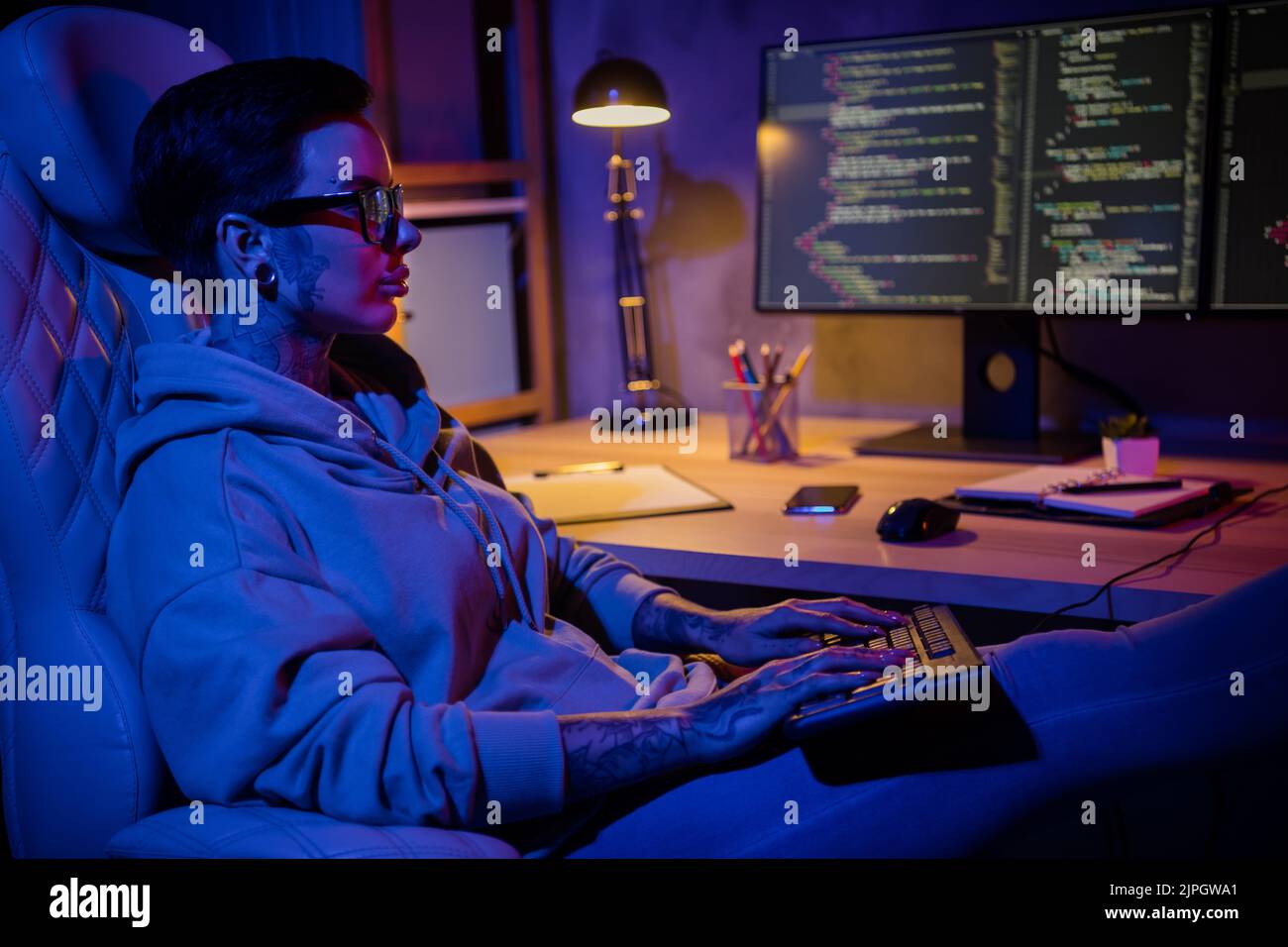 Profile photo of intelligent focused programmer girl sitting chair keyboard writing code office ...