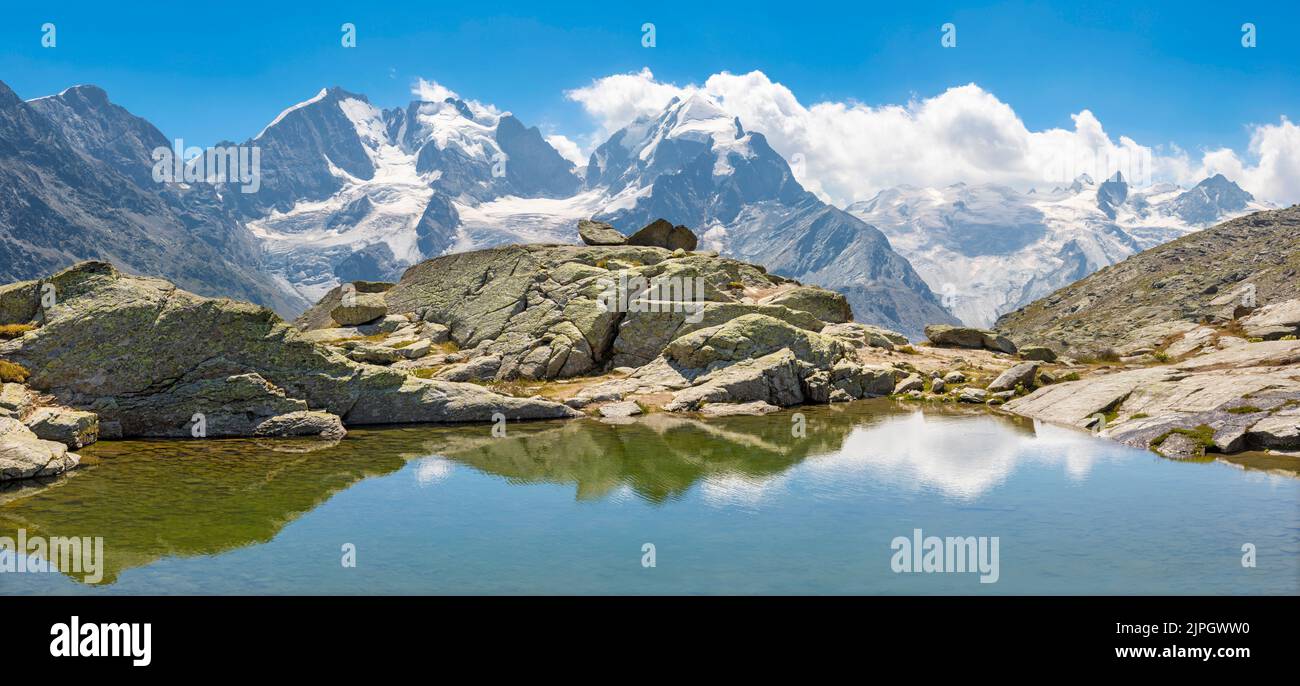 The panorama of Piz Bernina and Piz Roseg peaks Stock Photo - Alamy