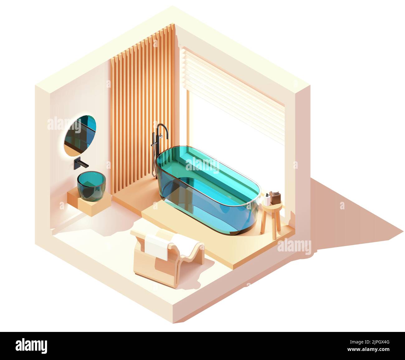 Vector isometric modern bathroom. White bathroom with wooden elements ...