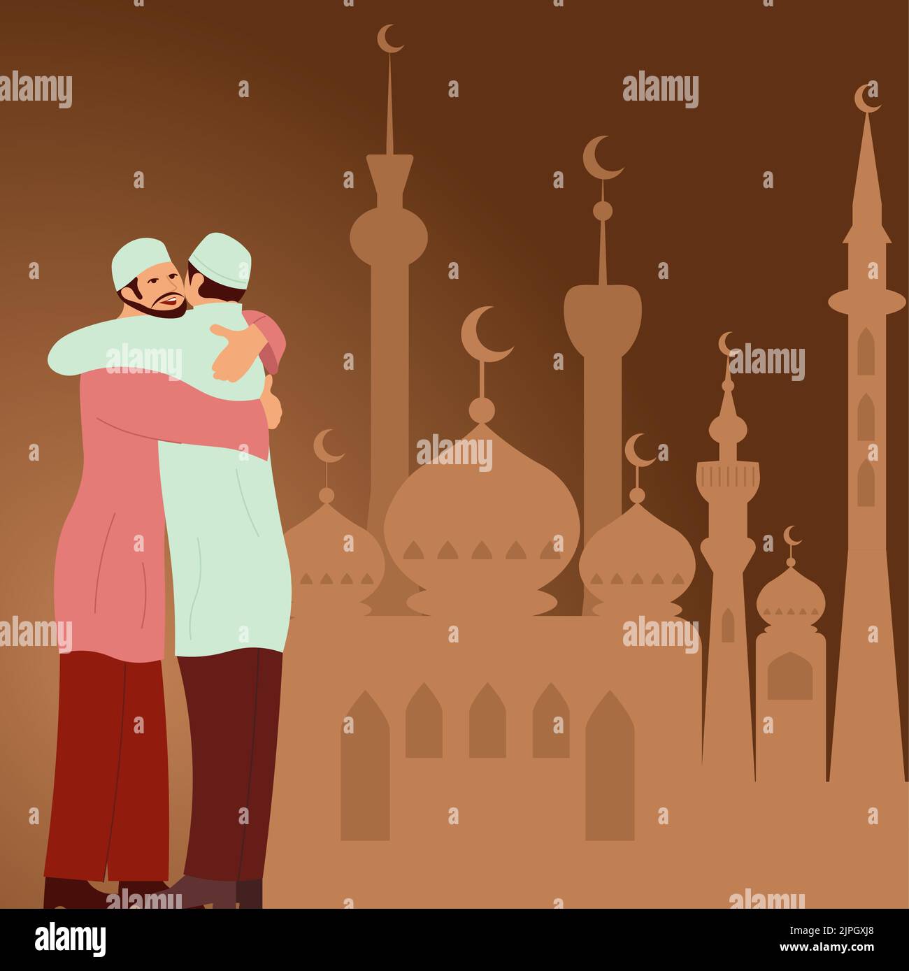 Friends Hugging In Front Of Mosque Celebrating Ramadan. Men In ...