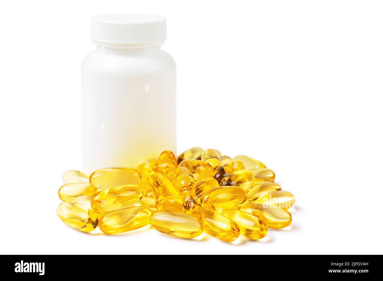 Omega 3 fish oil supplement softgel capsules in bottle, isolated on ...