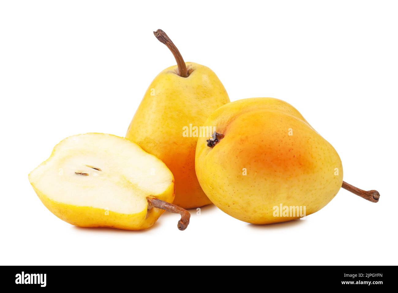 Three yellow ripe pears on white background isolated. Dessert for ...