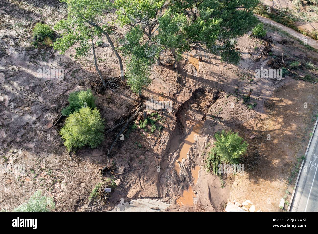 Severe erosion damage caused by flash flooding after vegetation loss ...