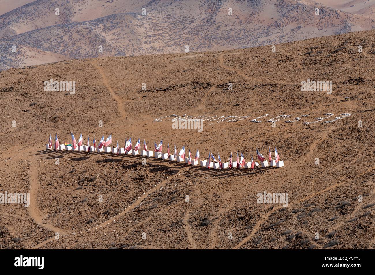 Monument with 33 flags at the San Jose Mine near Copiapo, Chile, site ...