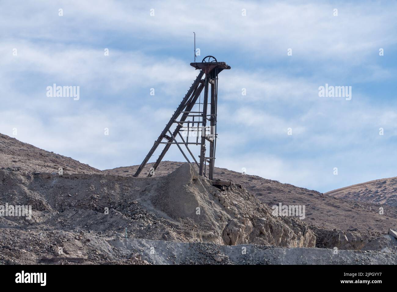 Old wooden headframe at the San Jose Mine accident site near Copiapo ...