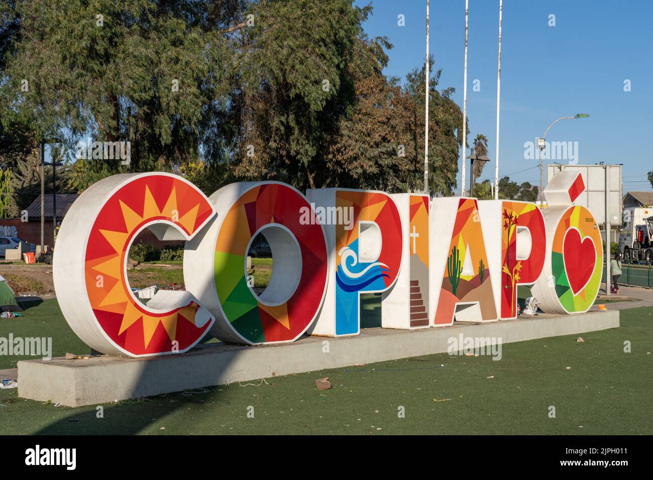 The colorful sign for the city of Copiapo in a small park in Copiapo ...