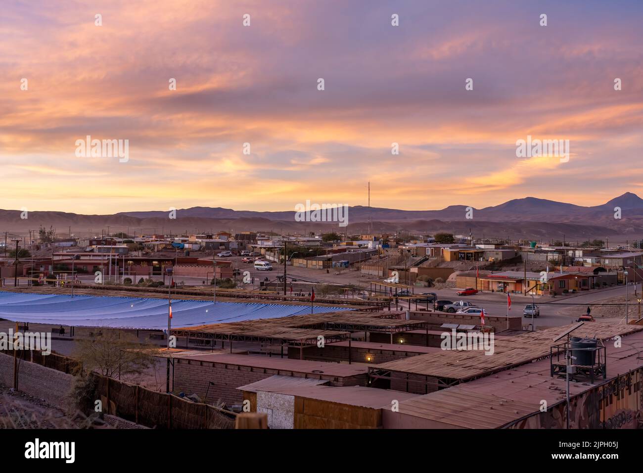 Colorful sunset skies over the town of San Pedro de Atacama in the ...