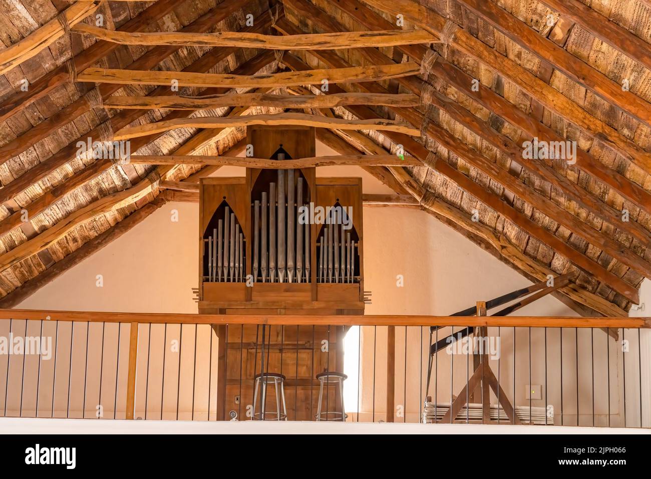 The antique bellows organ and cactus wood ceiling of the Church of San ...