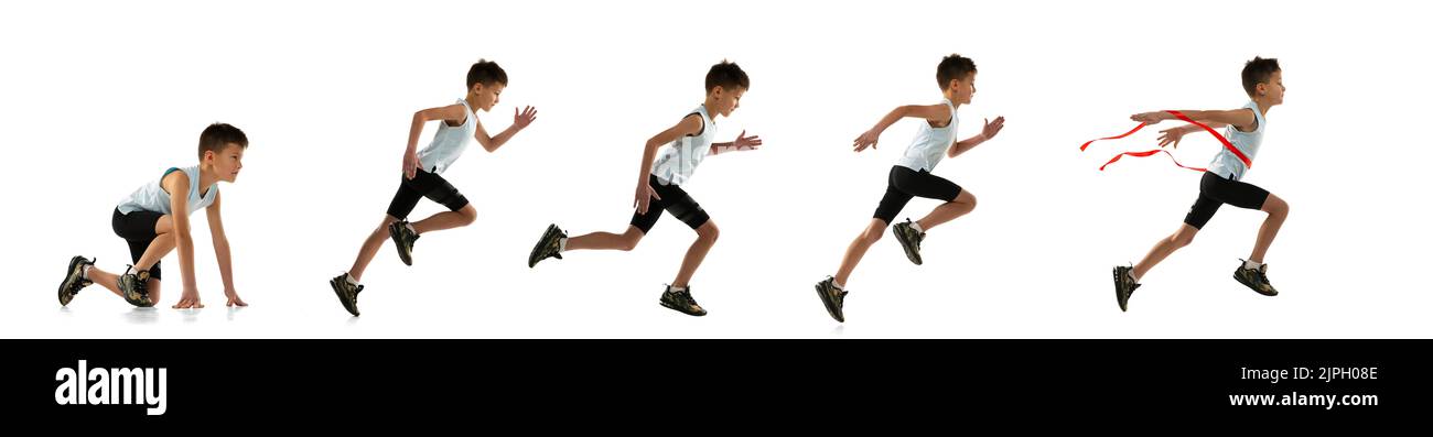 Side view portrait of little boy in motion, running isolated over white ...