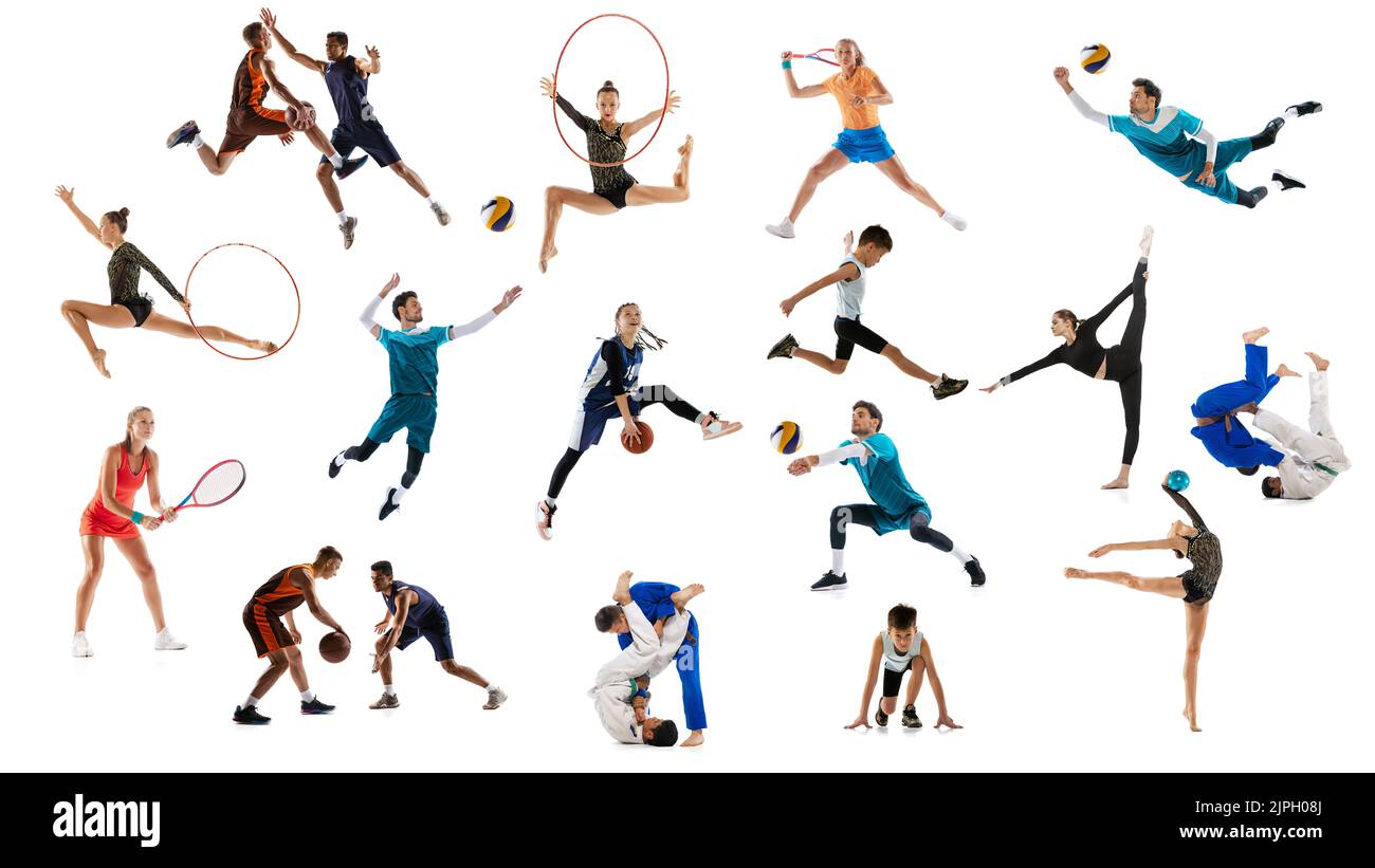 Collage of sportive people, adults and children doing different sports ...