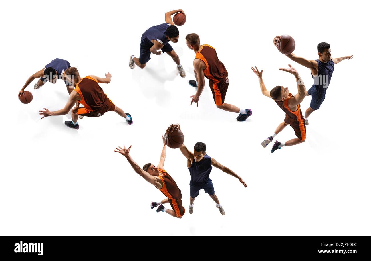 Collage. Dynamic portrait of two professional basketball players in ...