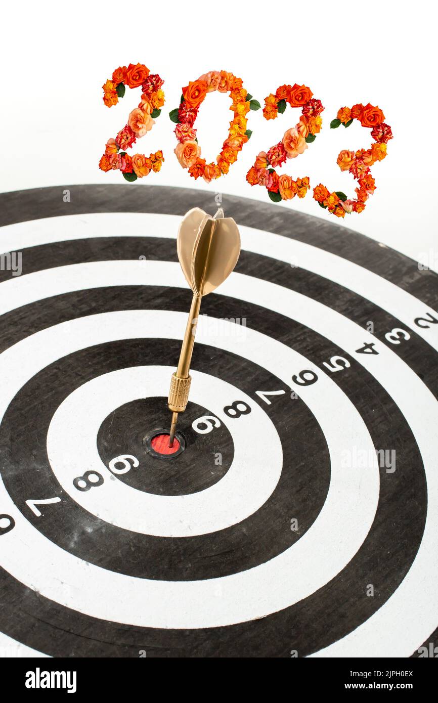 Golden dart in the middle of black and white concentric circles target ...