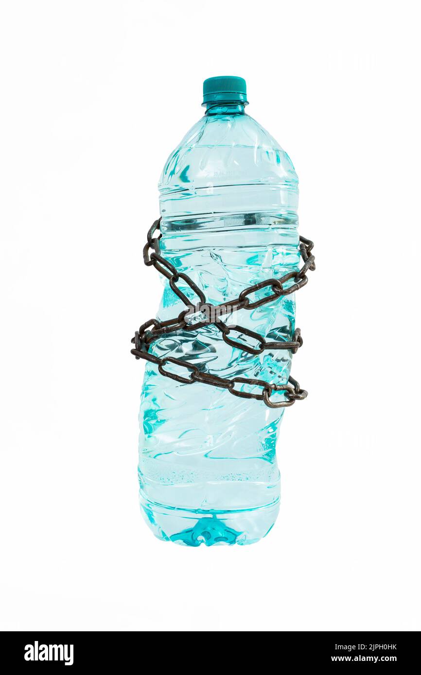 Plastic water bottle tied in chains, isolated on white background Stock ...
