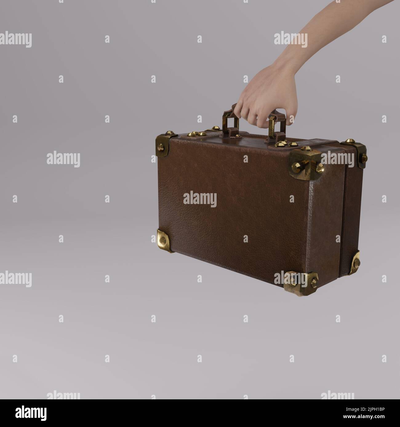 Man hand holding leather suitcase on white background. 3D illustration ...
