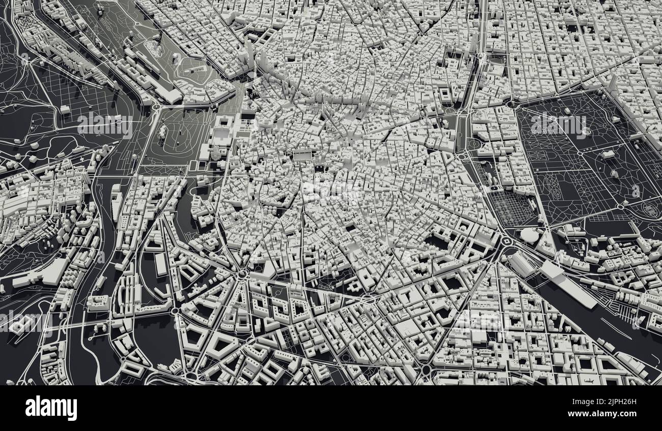 Madrid, Spain city map aerial view. minimal design. 3D Rendering Stock ...