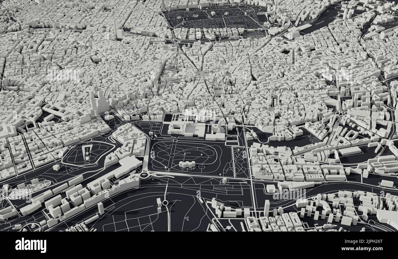 Madrid, Spain city map aerial view. minimal design. 3D Rendering Stock ...