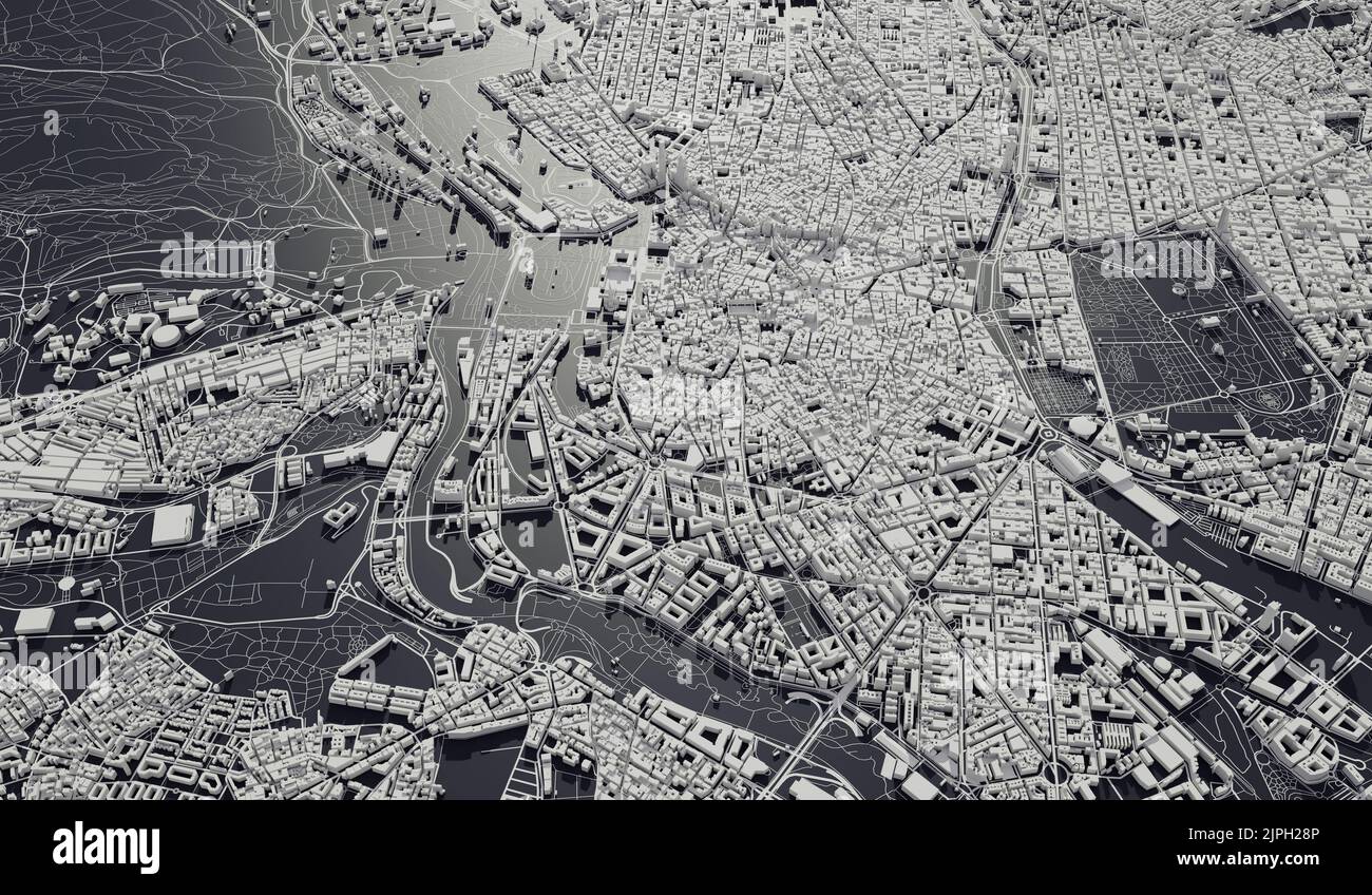 Madrid, Spain city map aerial view. minimal design. 3D Rendering Stock ...