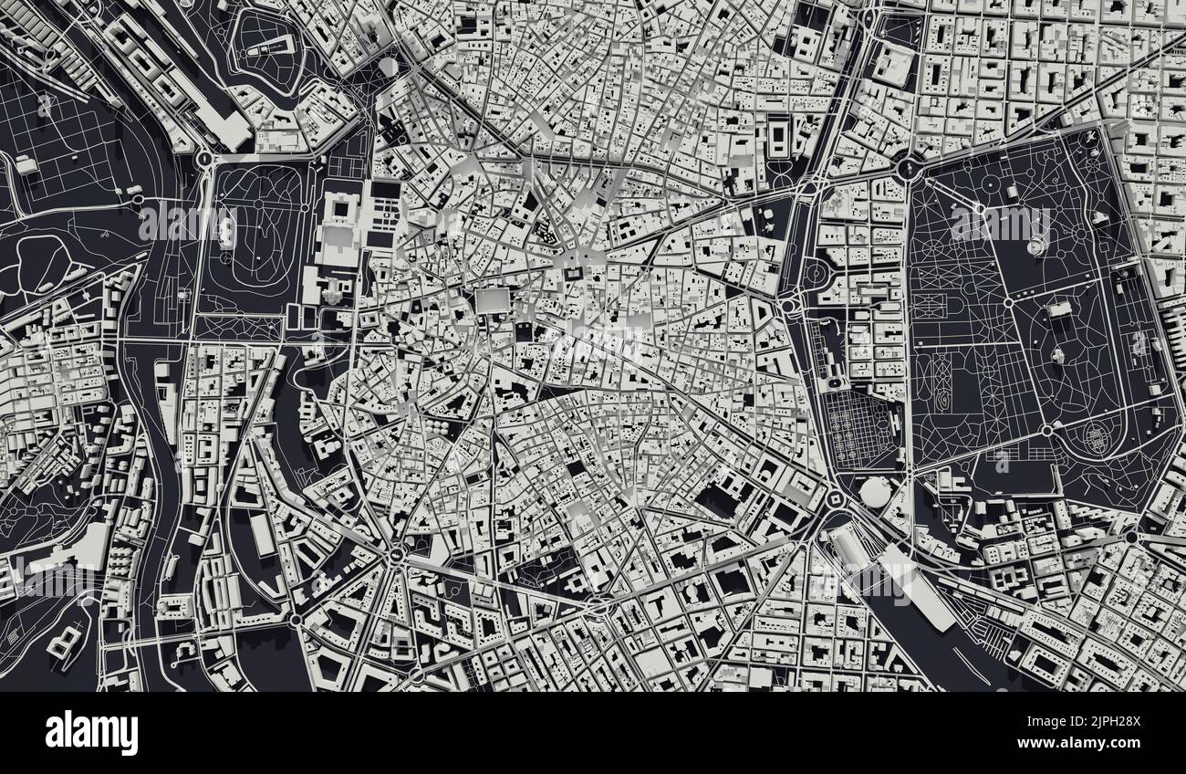 Madrid, Spain city map aerial view. minimal design. 3D Rendering Stock ...